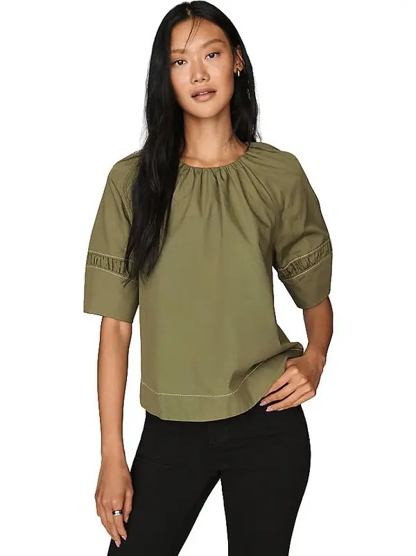 Maeve 100% Cotton Smocked Yoke Puff Sleeve Blouse - Moss