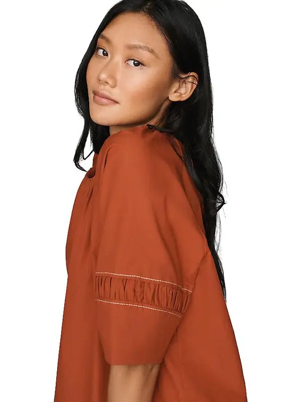 Maeve 100% Cotton Smocked Yoke Puff Sleeve Blouse - Rust