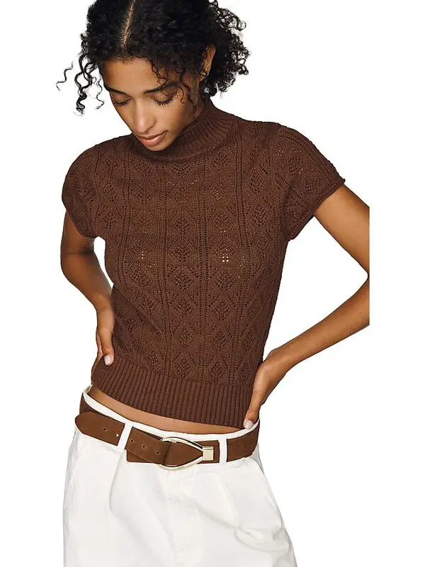 Anthropologie Short-sleeve Cable Knit Mock Neck Sweater - Chocolate