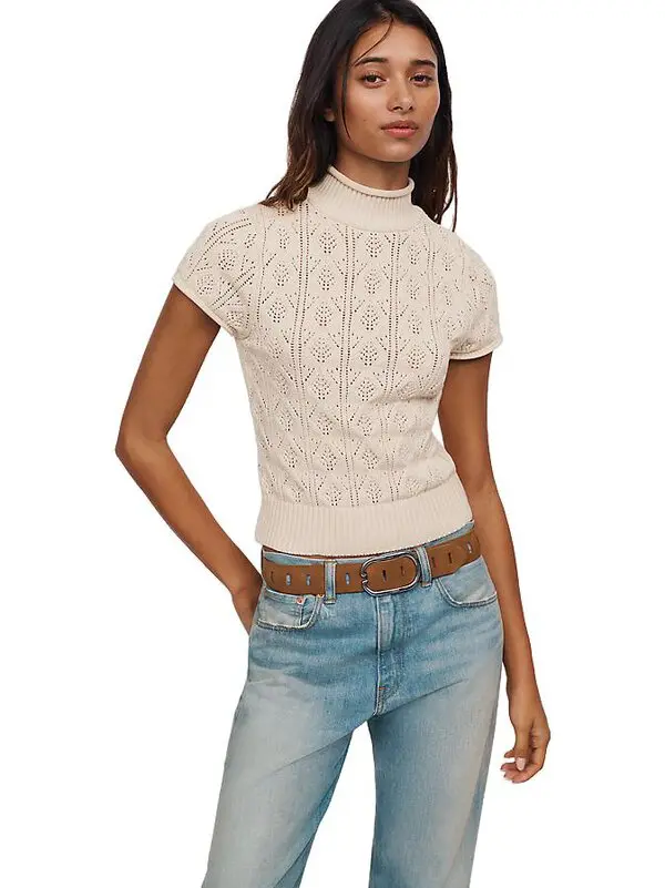 Anthropologie Short-sleeve Cable Knit Mock Neck Sweater - Ivory