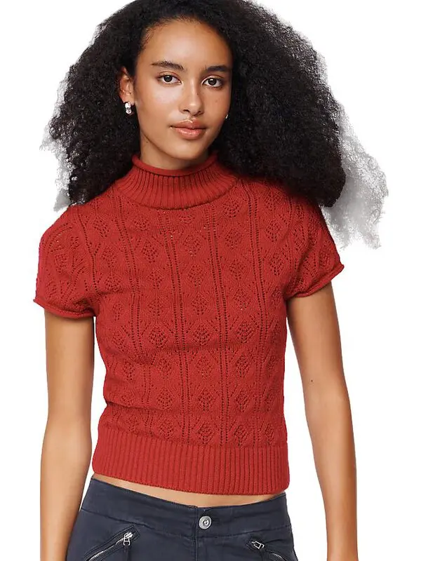 Anthropologie Short-sleeve Cable Knit Mock Neck Sweater - Raspberry