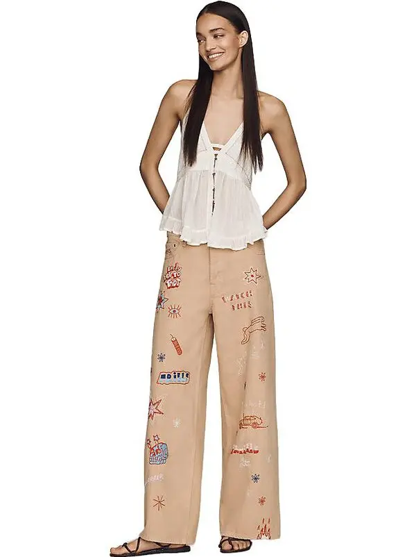 MOTHER Embroidered Mid-rise Wide-leg Ankle Jeans - Khaki