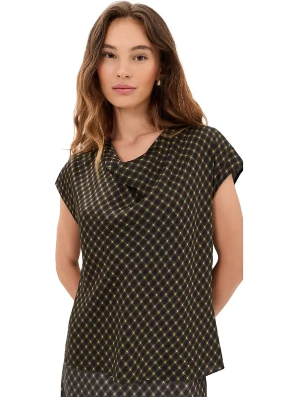 Vince Ombre Plaid Silk Blouse - Black/camel