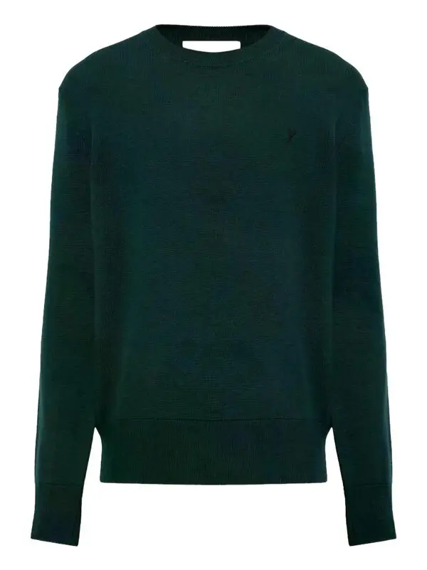 AMI Paris Crew Neck Wool Sweater With De Coeur Embroidery - Green