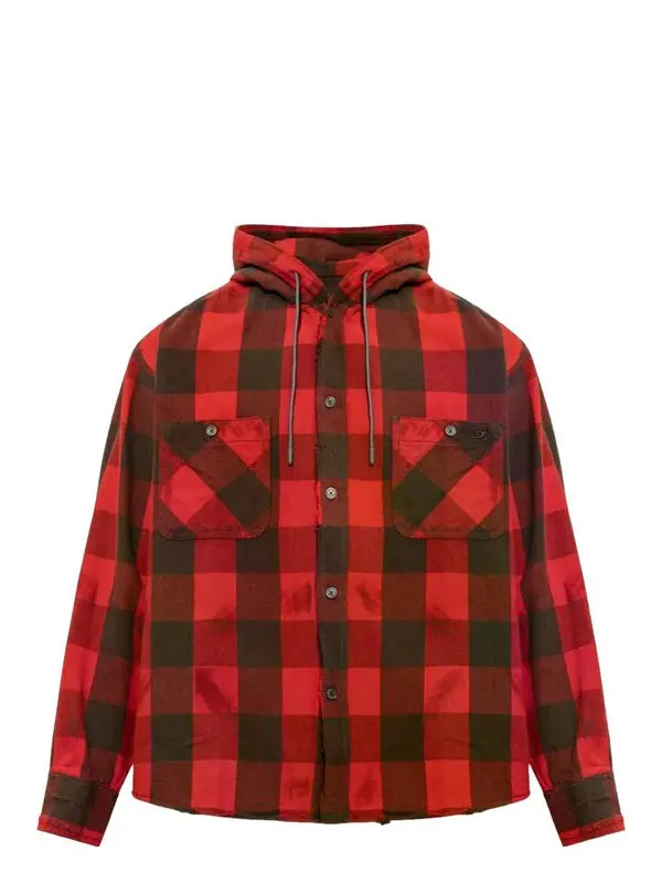 DIESEL® Distressed-hooded Shirt In Check Flannel - Red