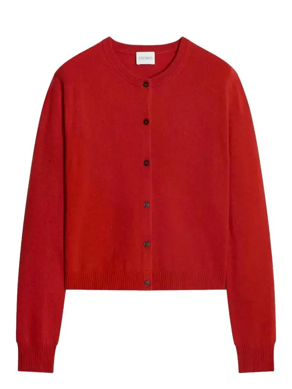 Closed Crew Neck Long Sleeve Fine Knit Cardigan - Red