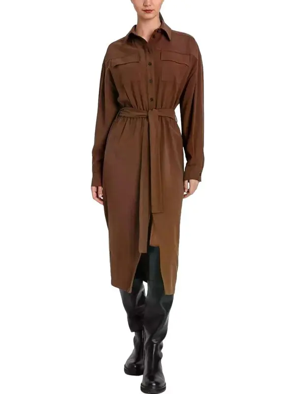 TWINSET Shirt Midi Dress With Belt And Flap Pockets - Brown
