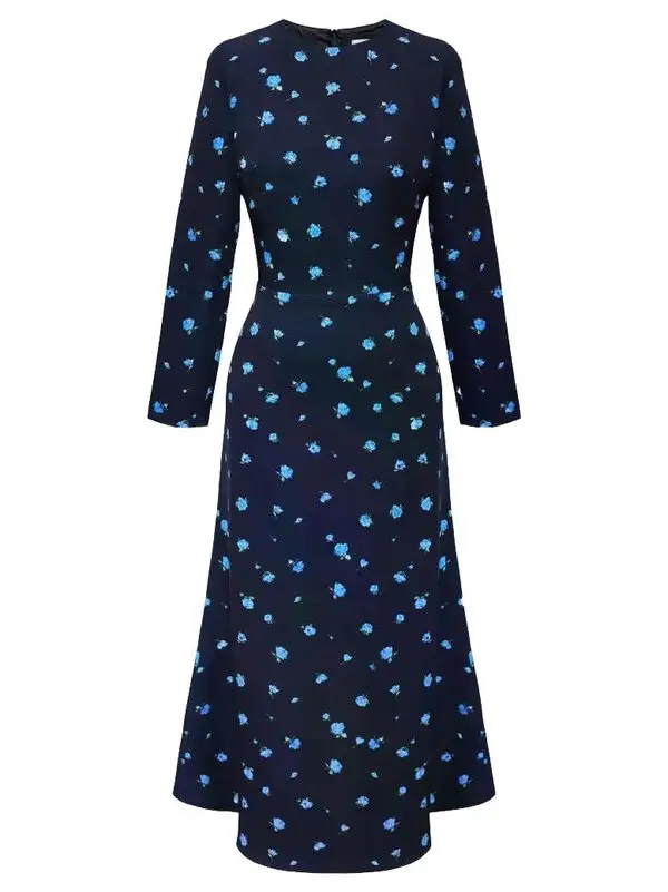 POST MERIDIEM Floral Print Long Sleeve Midi Dress - Blue