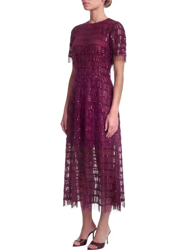POST MERIDIEM Sequin Embellished Fringed Midi Dress - Red
