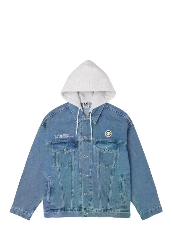 AAPE BY *A BATHING APE Moonface Panelled Denim Jacket With Detachable Drawstring Hoodie - Blue