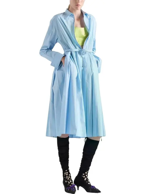 Prada Cotton Poplin Pleated Dress With Appliqué Rose - Blue