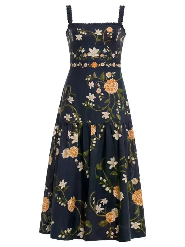 Agua Bendita Nispero Valle Embroidered Ruffled Midi Dress - Blue