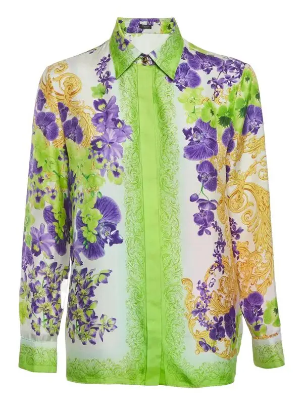 Versace Orchid Barocco Print Silk Shirt - Green