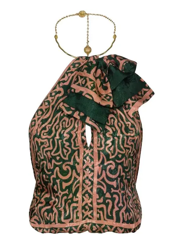 Johanna Ortiz Halterneck Top With Abstract Pattern And Tassel Detail - Green
