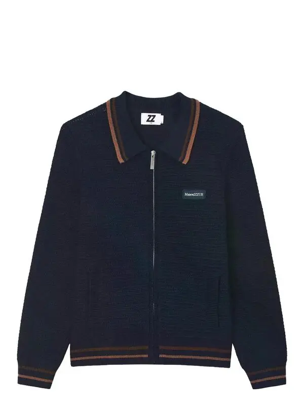 Izzue Zip-up Cardigan With Textured Knit And Stripe Trim - Blue