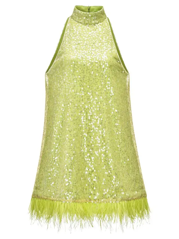 AMY LYNN Esther Sequin Feather Trim Mini Dress - Green
