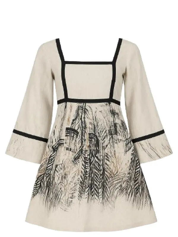 CONQUISTA Square Neck Flared Sleeve Printed Linen Dress - Black
