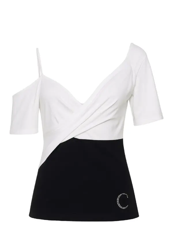 CONQUISTA Asymmetrical Wrap Top With Contrast Panel And Sparkling Logo Detail - Black