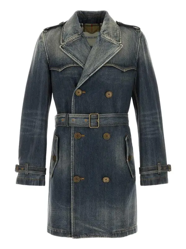 Burberry Double Breasted Belted Denim Coat - Midblue