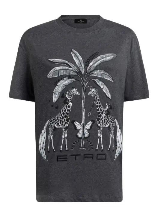 Etro Cotton Jersey T-shirt With Placed Giraffe Print - Grey