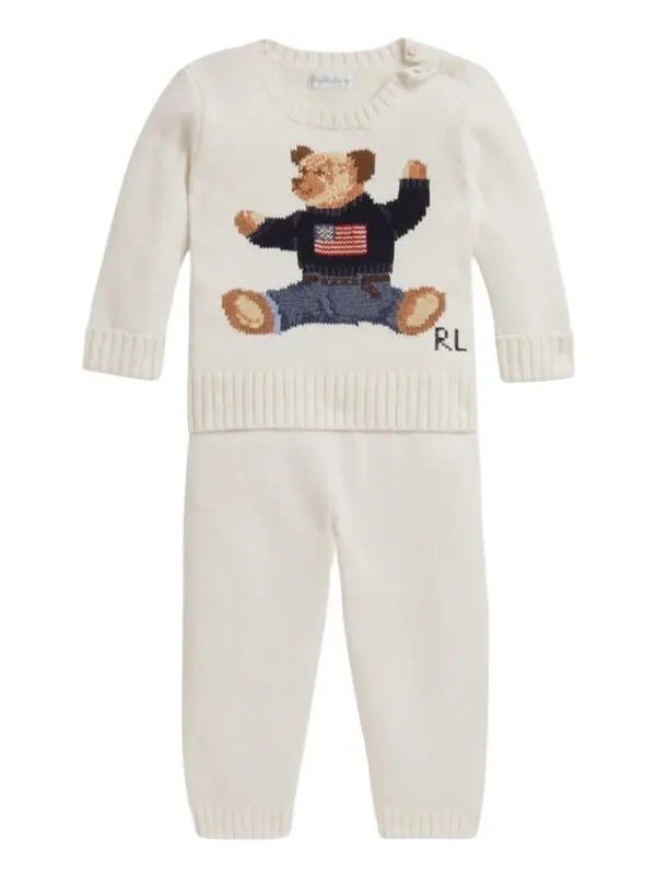 Polo Ralph Lauren Polo Bear Intarsia-knit Cotton Sweater And Trousers Set - White