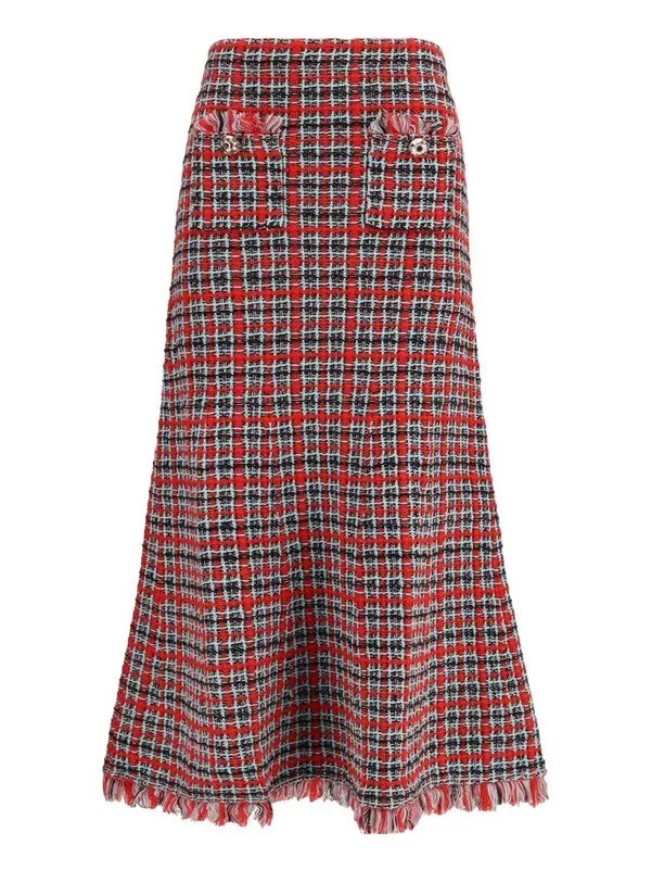 SELF-PORTRAIT Frayed Knit Midi Skirt - Red