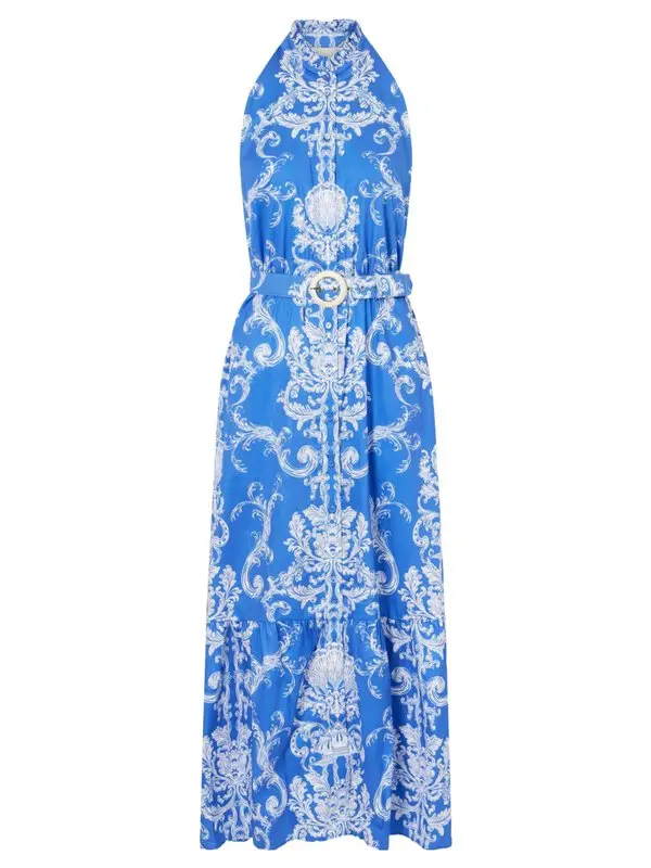 Borgo De Nor Printed Halter Neck Maxi Dress With Belt - Blue