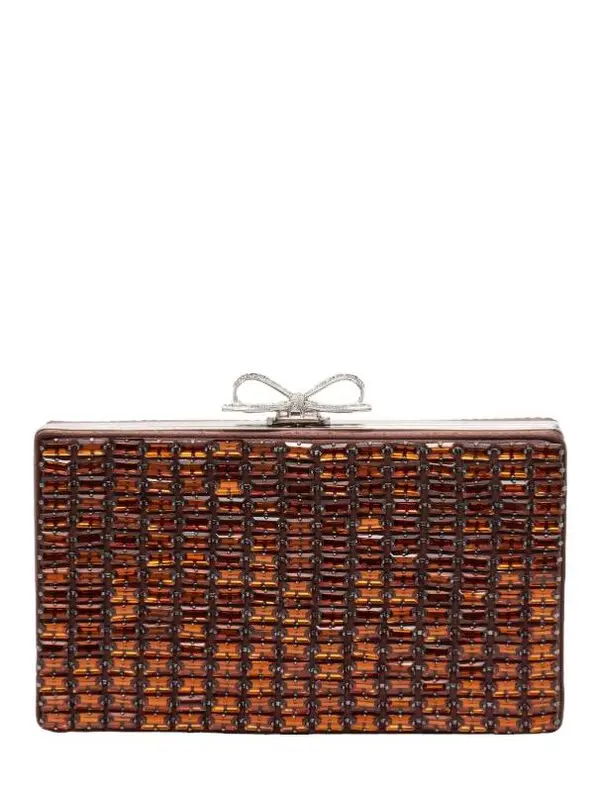 SELF-PORTRAIT Chainmail Clutch Bag With Crystal Bow Detail - Brown