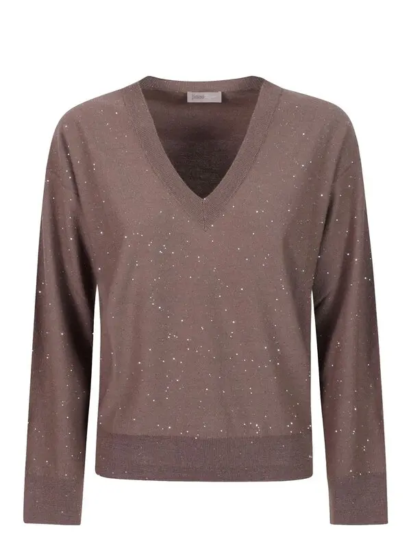 Herno V-neck Knitted Jumper With Speckled Finish - Brown