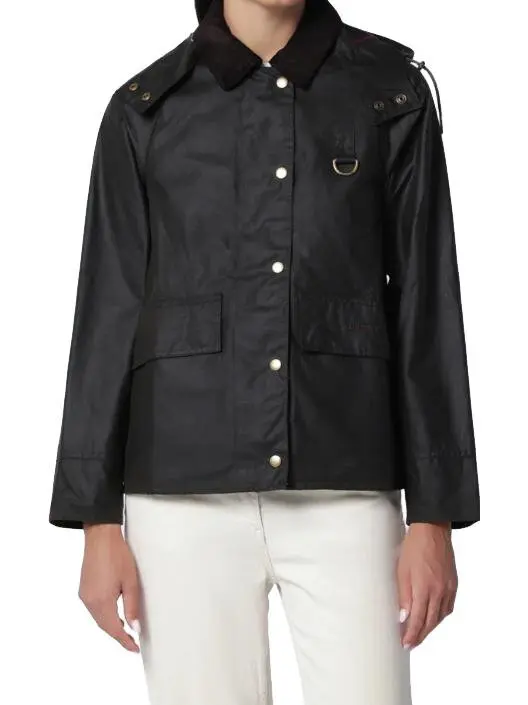 Barbour Waxed Cotton Jacket With Detachable Hood And Embroidered Pockets - Navy Blue