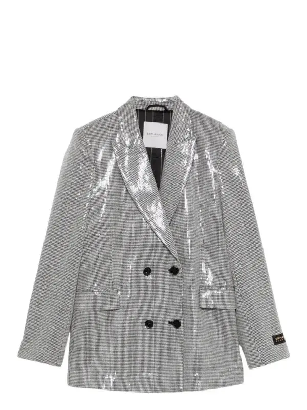 ERMANNO FIRENZE Double-breasted Sequin Embellished Houndstooth Blazer - Grey