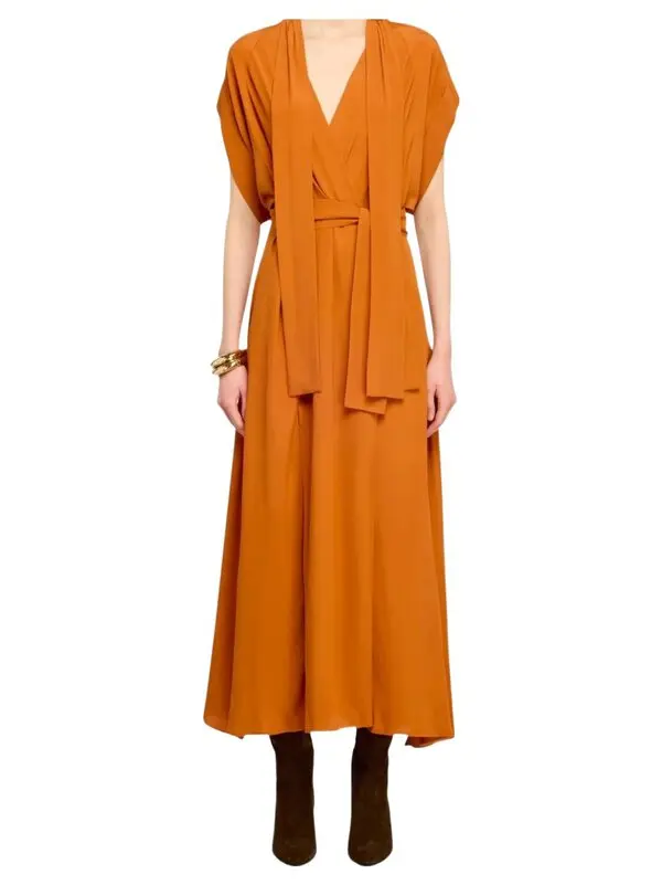 SEMICOUTURE Short-sleeved Tie-neck Dress With Side Slits - Orange