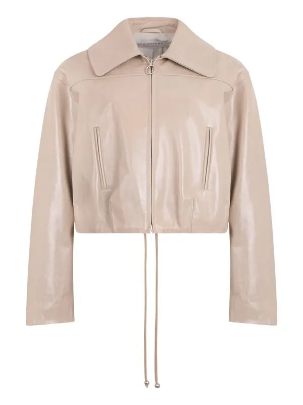 Philosophy Di Lorenzo Serafini Cropped Leather Jacket With Zip Closure - Beige
