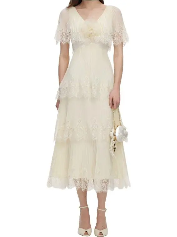 SELF-PORTRAIT Chiffon Tiered Midi Dress With Floral Rosette Brooch - Yellow