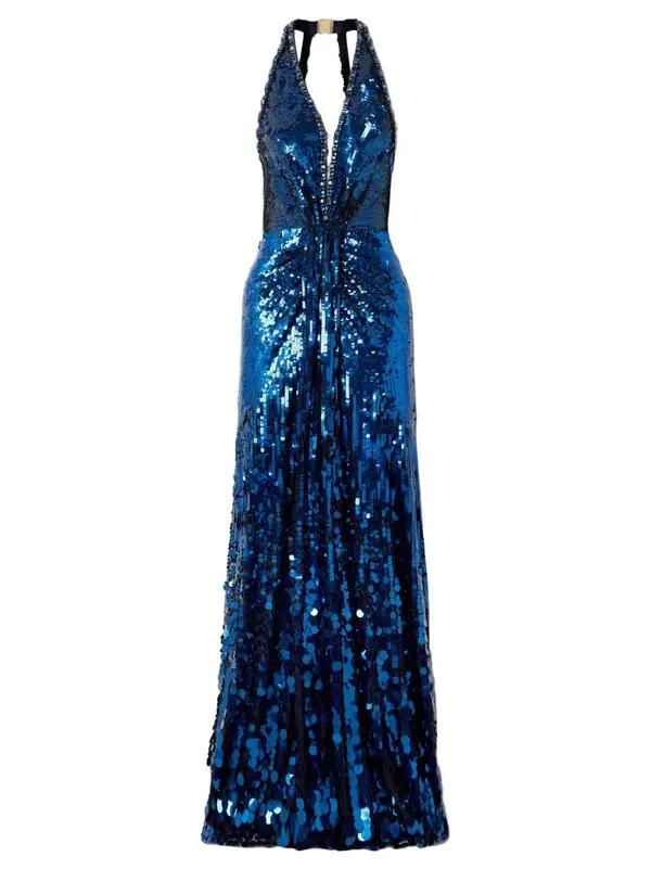 Jenny Packham Spaghetti Strap Deep V Evening Gown - Blue