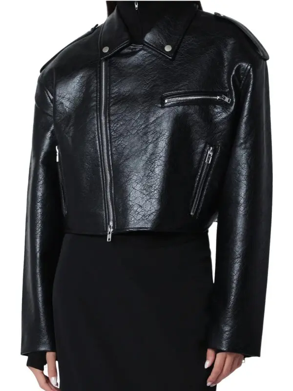 THE FRANKIE SHOP Cropped Faux Leather Biker Jacket - Black