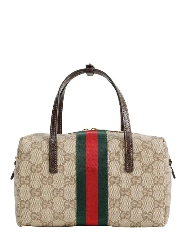 Gucci Mini Boston Bag With Gg Monogram And Web Stripe - Beige
