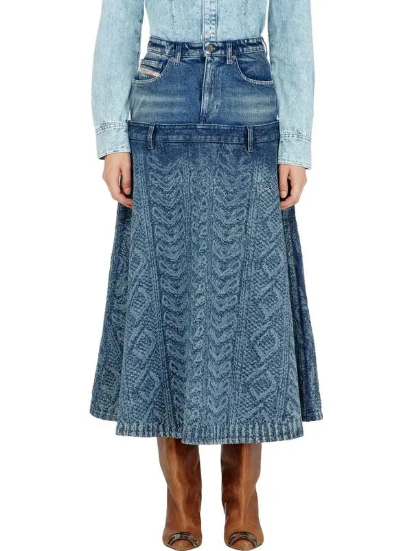 DIESEL® Midi Skirt In Cable-knit Effect Denim - Blue