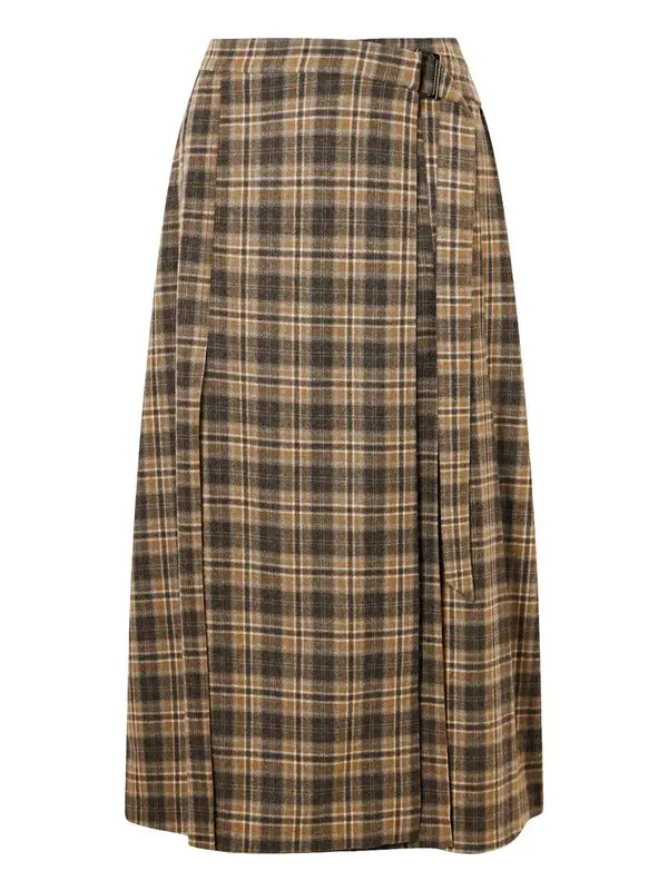 Brunello Cucinelli Checked Wool-blend Wrap Midi Skirt - Brown