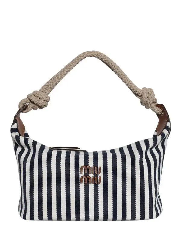Miu Miu Striped Canvas Top Handle Bag With Cognac Leather Details - Blue