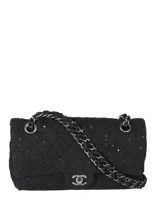 Chanel Vintage Tweed Sequin Embroidered Shoulder Flap Bag - Black
