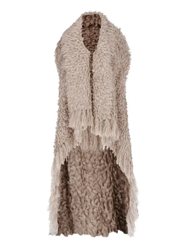 PAMPA THE BRAND Longline Faux Fur Vest With Fringe - Beige