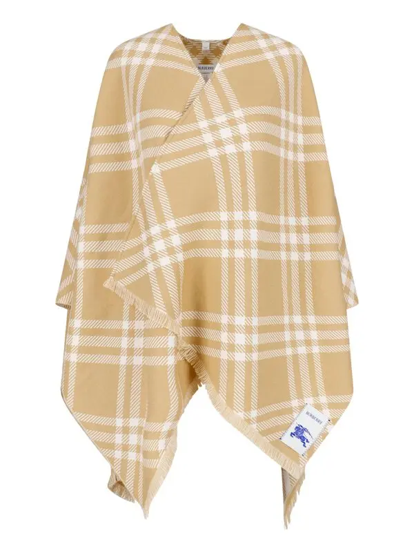 Burberry Checked Fringe Poncho - Beige