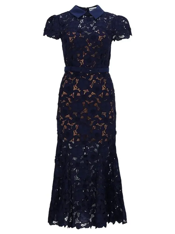 SELF-PORTRAIT Lace Belted Collar Maxi Dress - Blue