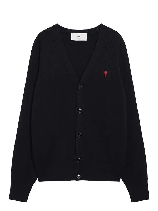 AMI Paris Classic Crew Neck Cardigan With Intarsia Detail - Blue
