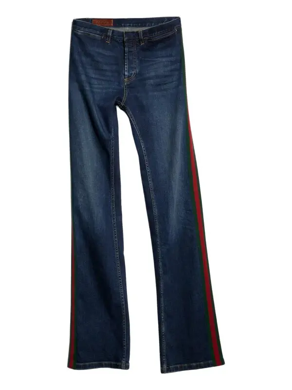 Gucci Certified Cotton Denim Jeans With Faded Effect And Web Stripe - Blu