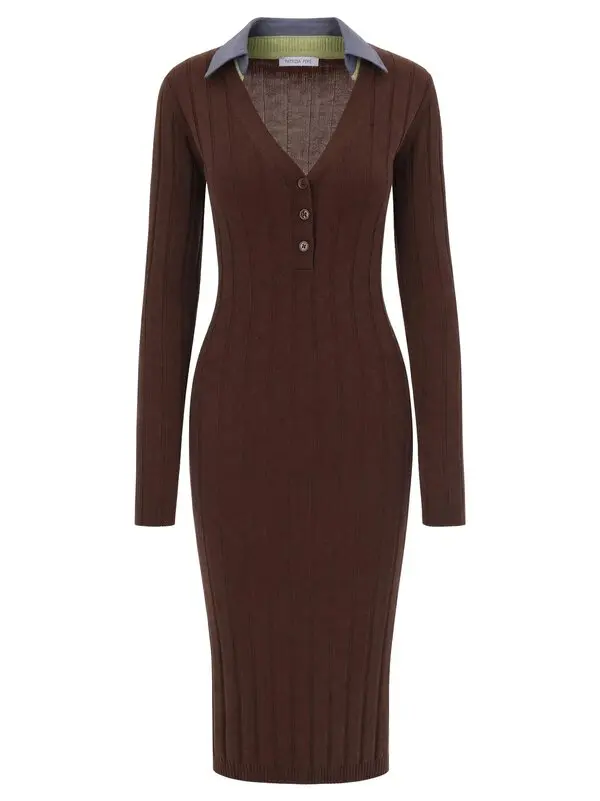 Patrizia Pepe Ribbed Knit Polo Midi Dress - Dusty Brown/grey