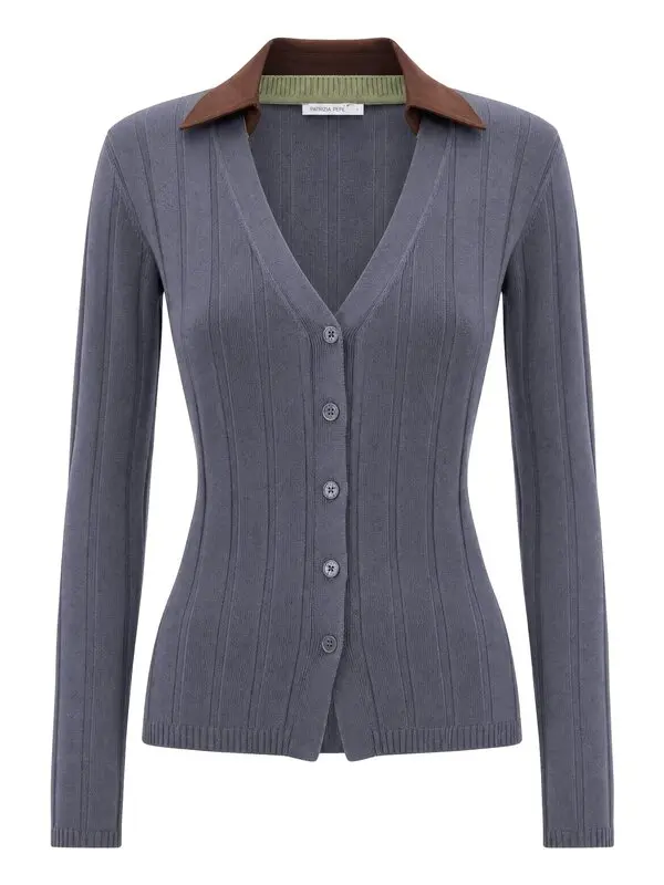 Patrizia Pepe Fitted Ribbed Knit Cardigan - Bluish Grey/brown