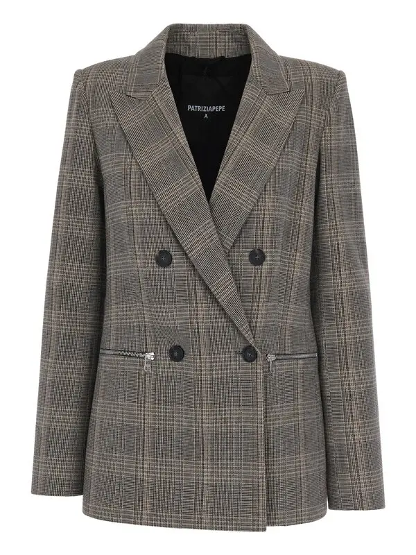 Patrizia Pepe Double-breasted Plaid Blazer - Brown Check