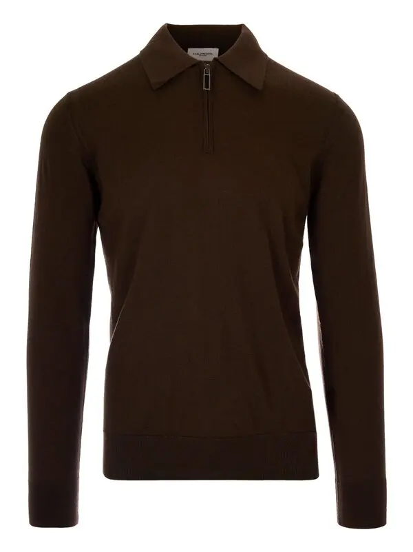 PAOLO PECORA Long Sleeve Zip-front Knit Polo Shirt - Castoro